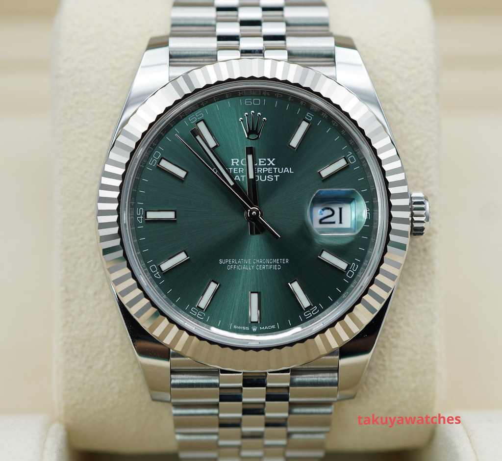 Rolex 126334 DATEJUST 41 FLUTED BEZEL MINT GREEN DIAL JUBILEE 2022 FULL SET - Takuya Watches