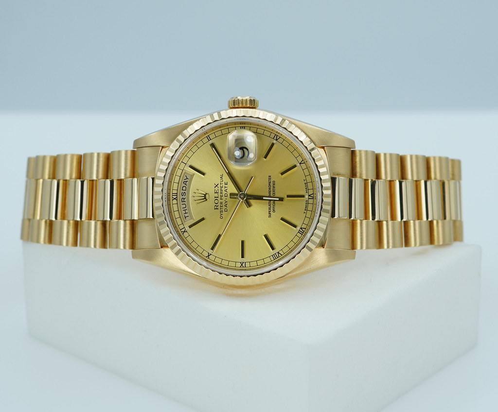 Rolex 18238 DAY DATE YELLOW GOLD DOUBLE QUICK SET CHAMPAGNE STICK DIAL ...