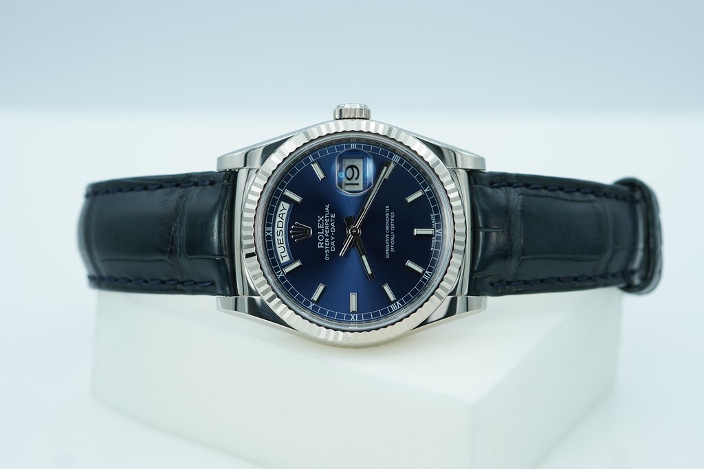 Rolex 118139 DAY DATE 36 18K WHITE GOLD BLUE DIAL RSC SERVICED FULL SET ...