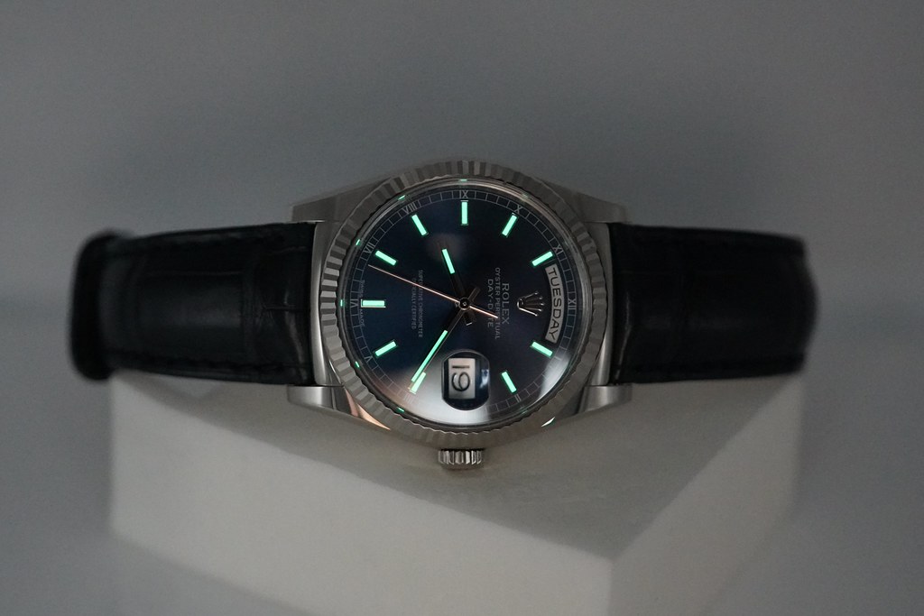 Rolex 118139 DAY DATE 36 18K WHITE GOLD BLUE DIAL RSC SERVICED FULL SET ...